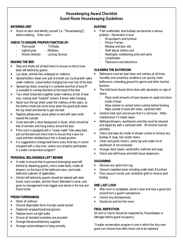 Housekeeping Award Checklist PDF | PDF | Housekeeping | Shower