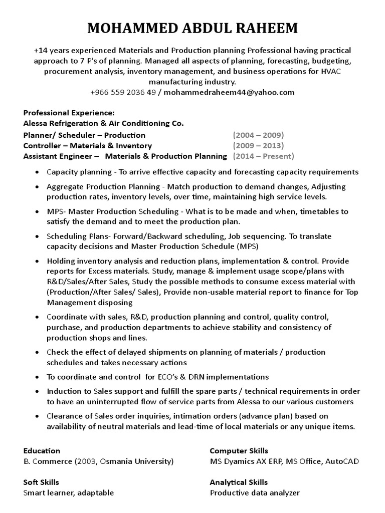 Material Planning Engr - Rahim Resume | Download Free PDF | Inventory ...