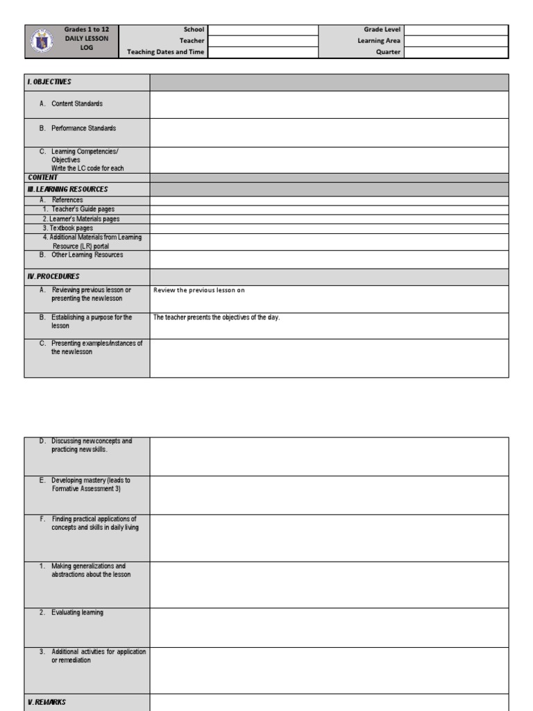 Grades 1 To 12 Daily Lesson LOG School Grade Level Teacher Learning ...