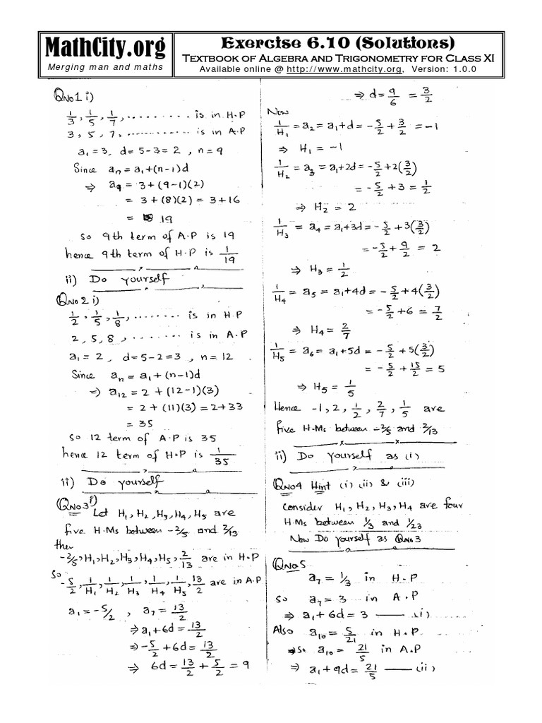 Exercise 6.10 (Solutions) : Textbook of Algebra and Trigonometry For Class XI | PDF