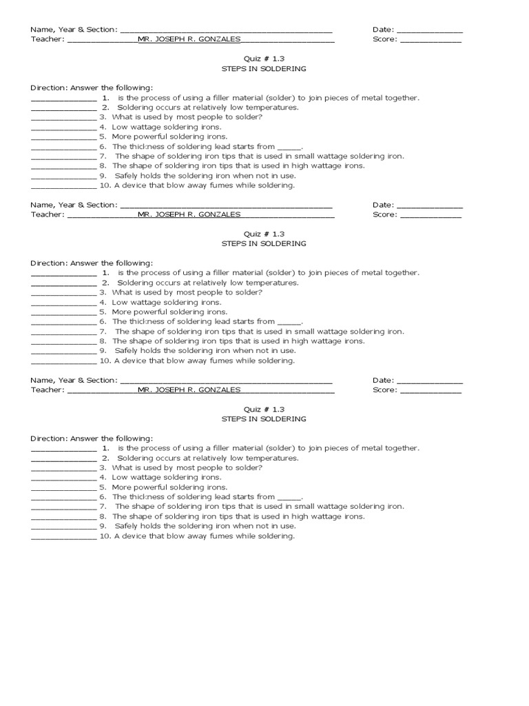 Quiz Steps in Soldering Grade 10 | PDF | Soldering | Solder