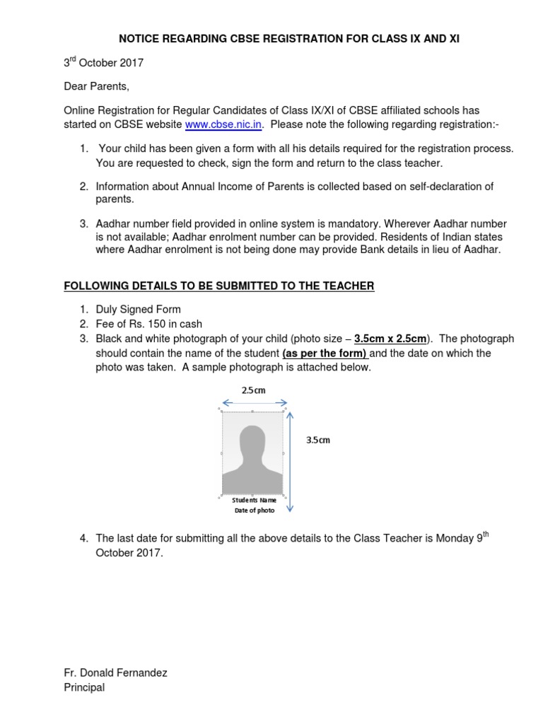 Notice Regarding Cbse Registration For Class Ix and Xi: WWW - Cbse.nic ...