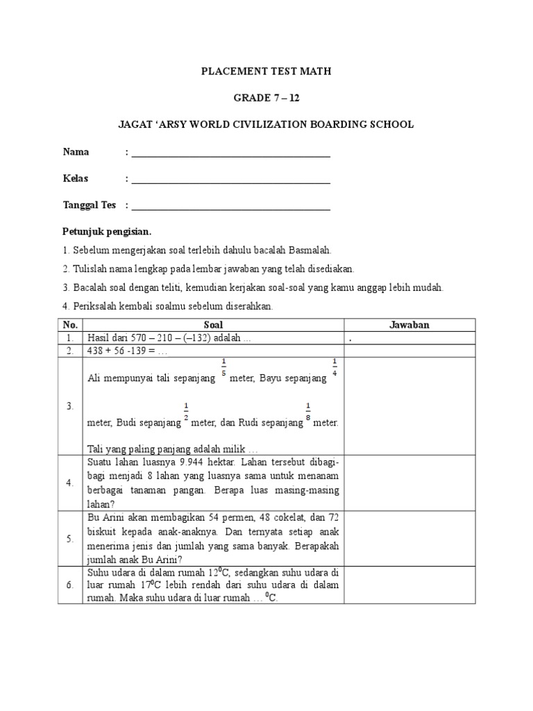 Placement Test Math 1-12 (Umum) | PDF