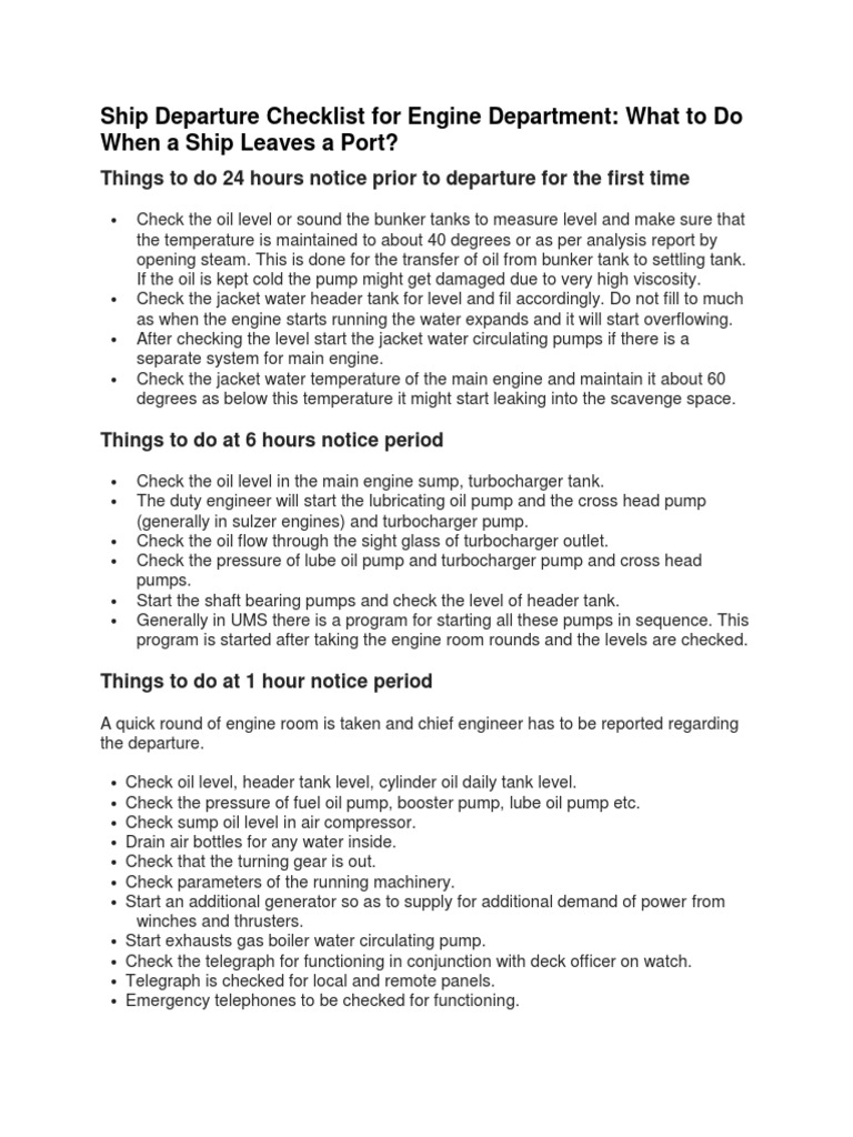 Ship Departure Checklist For Engine Department: What To Do When A Ship ...