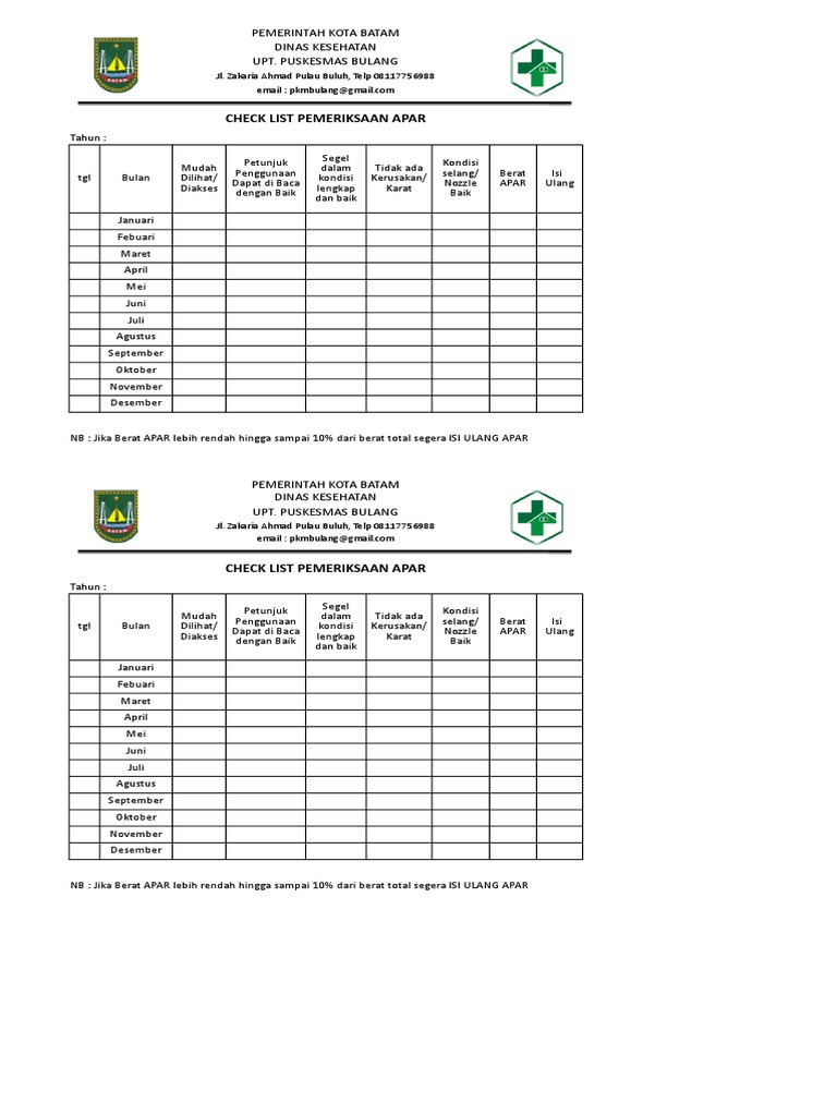 Check List Pemeriksaan APAR | PDF