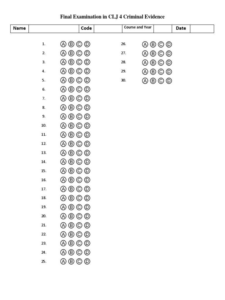 Answer Sheet MCQ 30ITEMS Midterm CLJ4 | PDF