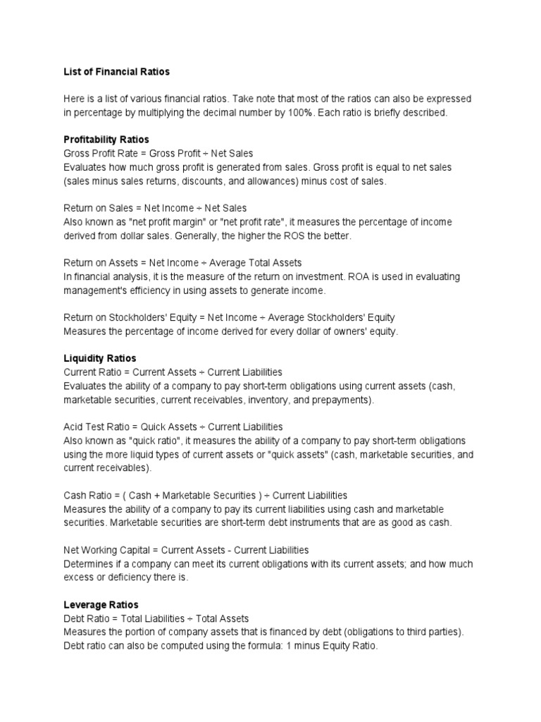 List of Financial Ratios | PDF | Revenue | Dividend