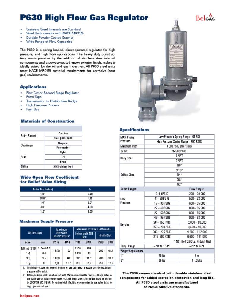 P630 High Flow Gas Regulator: Applications | PDF | Valve | Pressure