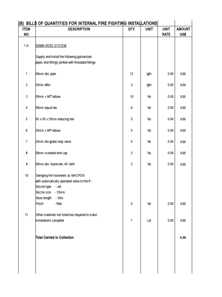 (B) Bills of Quantities For Internal Fire Fighting Installations | PDF ...