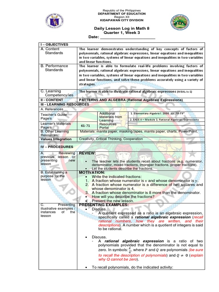 Q1 W3 D1 Illustrate Rational ALgebraic Expressions | PDF | Fraction ...