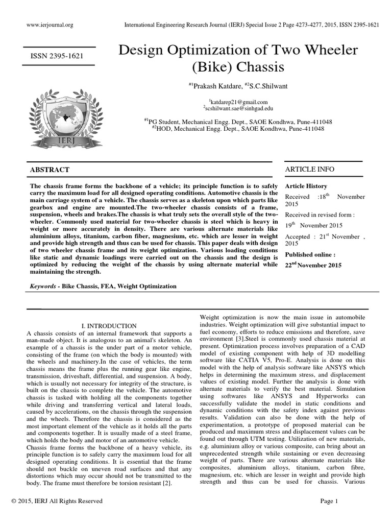 Design Optimization of Two Wheeler (Bike) Chassis | PDF | Materials ...