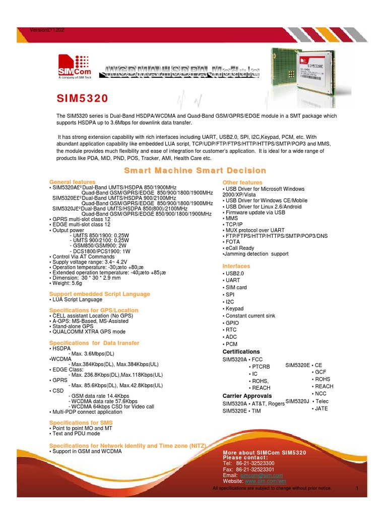 SIM5320 Specification V1202 PDF | PDF | General Packet Radio Service | High Speed Packet Access
