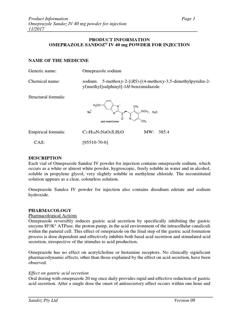 Product Information Omeprazole Sandoz Iv 40 MG Powder For Injection ...