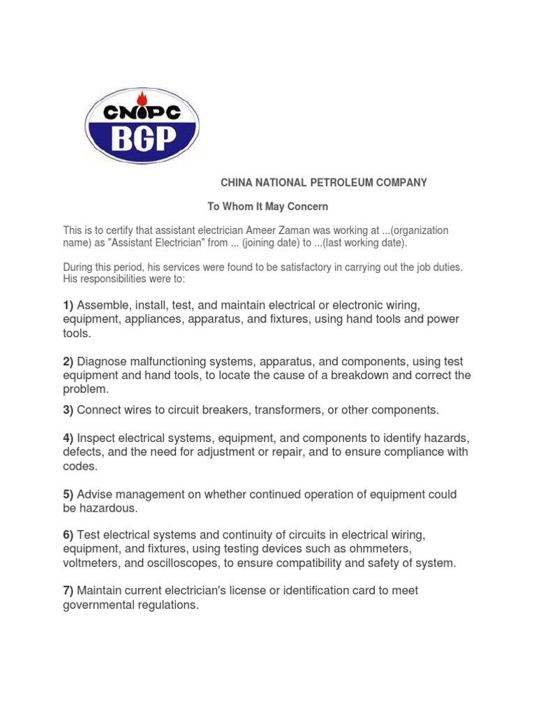 Assistant Electrician Certification Letter | PDF | Electrical Wiring ...