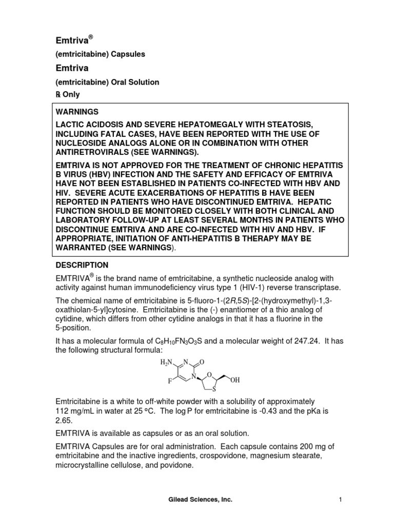 Emtriva: Gilead Sciences, Inc. 1 | PDF | Management Of Hiv/Aids | Dialysis