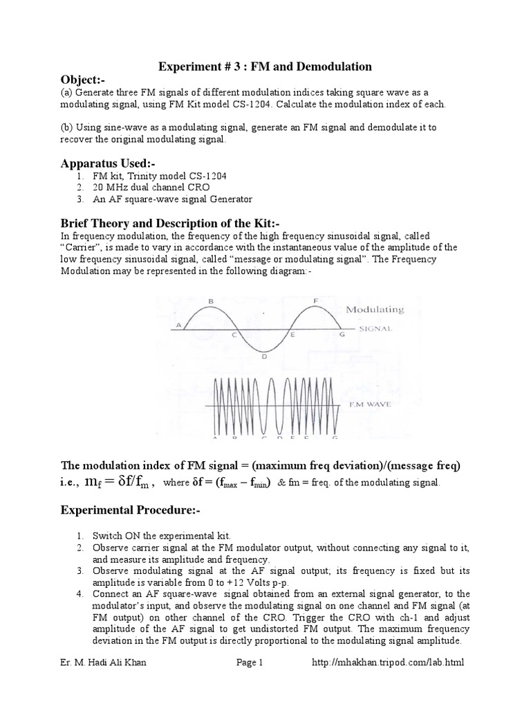 Experiment # 3: FM and Demodulation Object | PDF | Frequency Modulation | Modulation