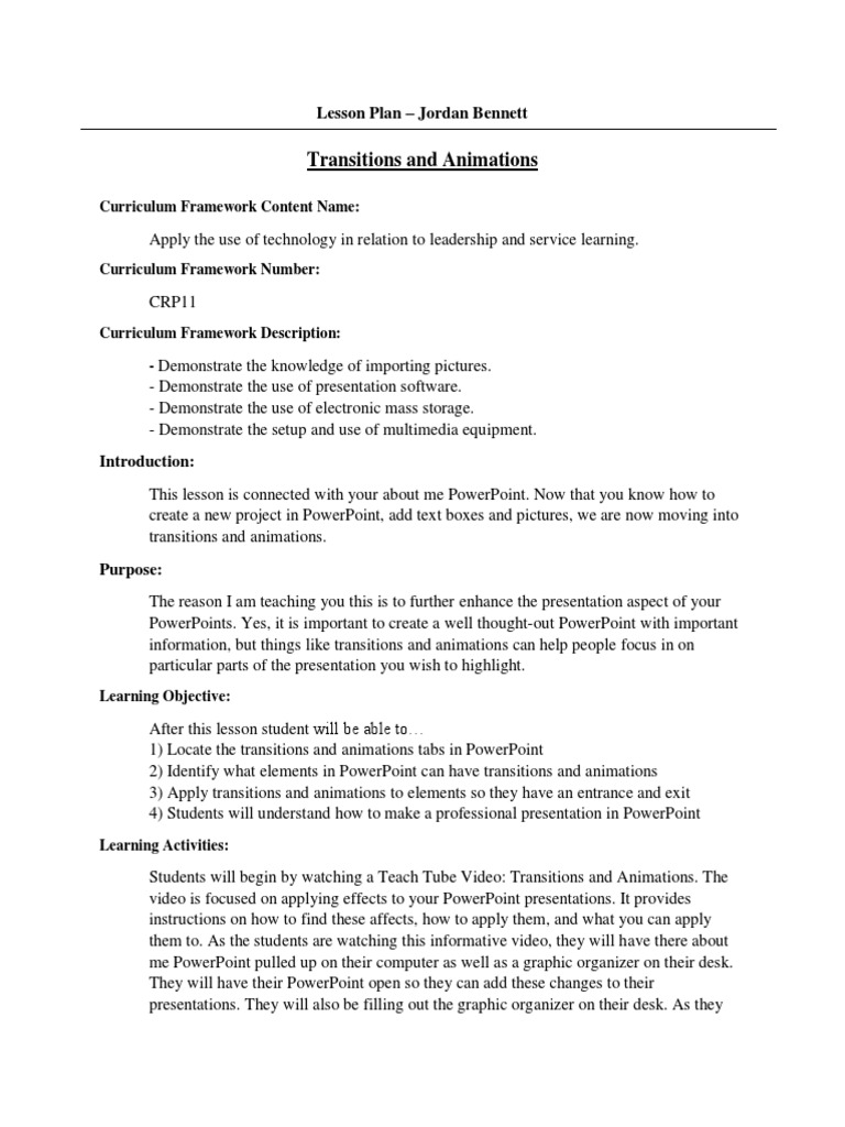 Transitions and Animations: Lesson Plan - Jordan Bennett | PDF ...