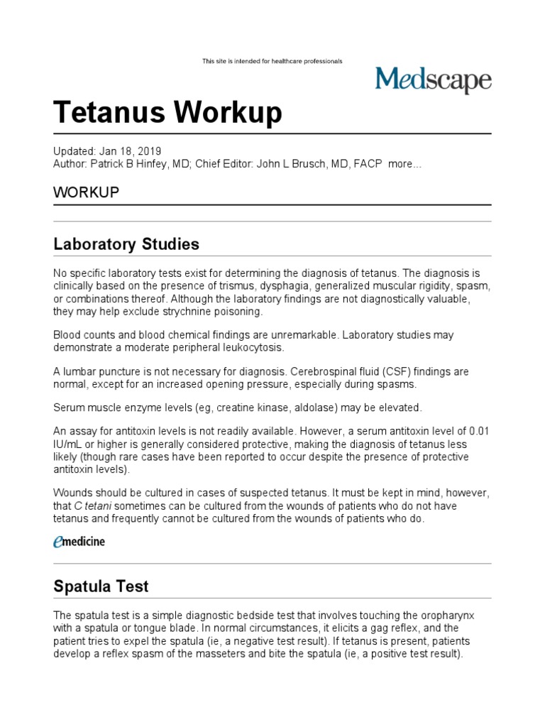 Tetanus Workup - Laboratory Studies, Spatula Test, Other Studies | PDF
