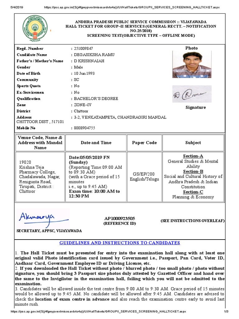 Regd. Number: Candidate Name: Father's / Mother's Name: Gender: Date of ...