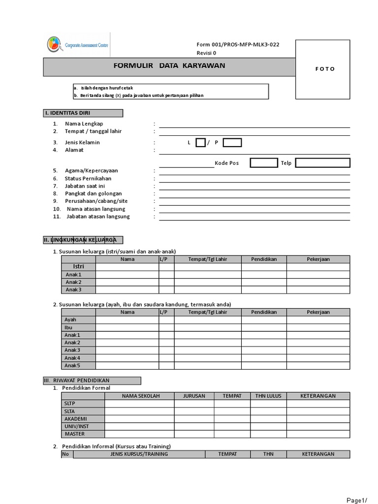 Form Data Karyawan Assessment-Rev | PDF