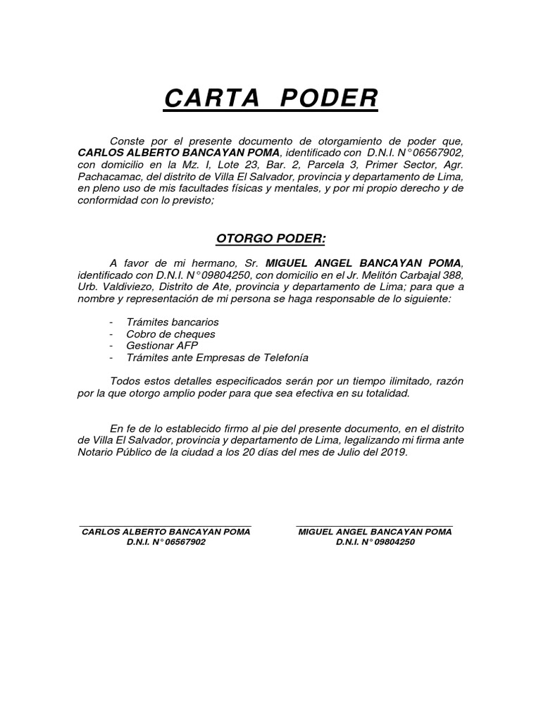 Carta Poder - Denis Retamoxo Lima | PDF