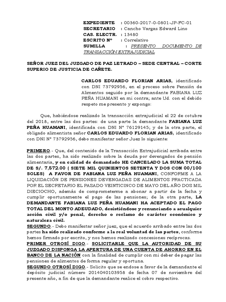 Escrito de Transacion Extrajudicial para Presentar A Juzgado 2019 | PDF | Poder judicial ...
