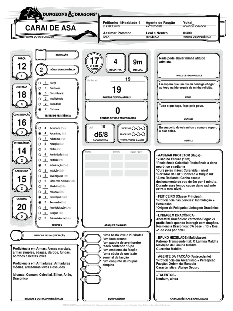 (FICHA) - Aasimar Protetor Feiticeiro-Hexblade LVL 2 - Crise Feérica | PDF