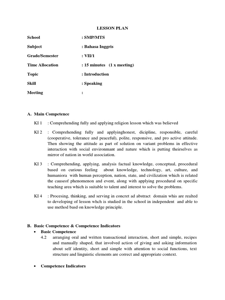 Lesson Plan School: Smp/Mts Subject: Bahasa Inggris Grade/Semester: VII ...