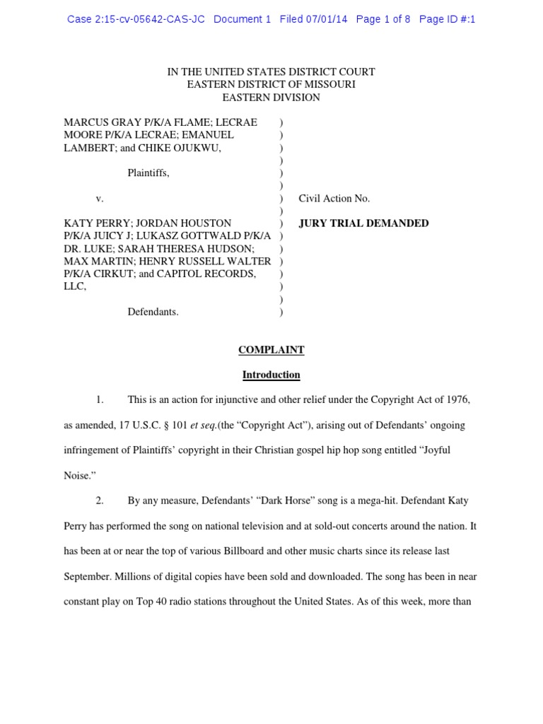 Marcus Gray v. Katy Perry | PDF | Copyright Law Of The United States ...