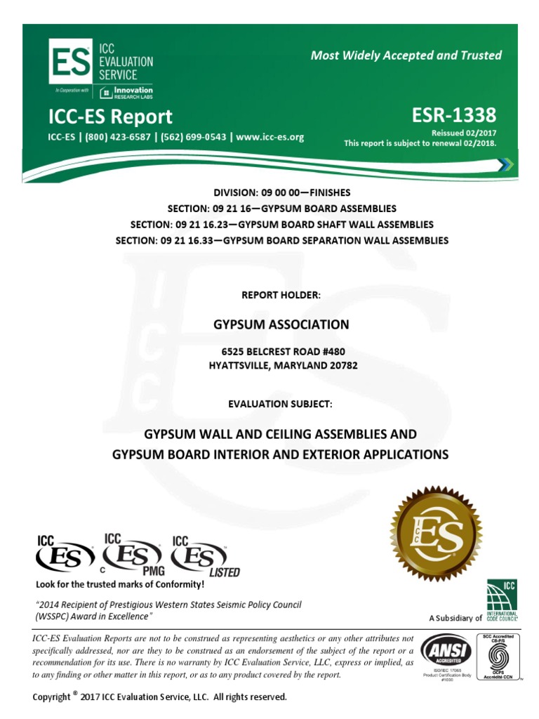 ICC ES Report ESR 1338: Gypsum Association | PDF | Framing ...