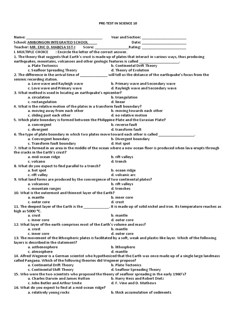 Pre-Test Science 10 | PDF | Plate Tectonics | Earth