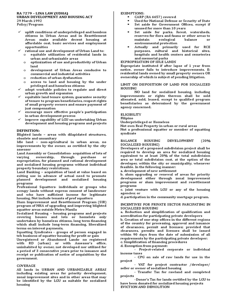 Ra 7279 - Lina Law (Udha) Urban Development and Housing Act | PDF ...
