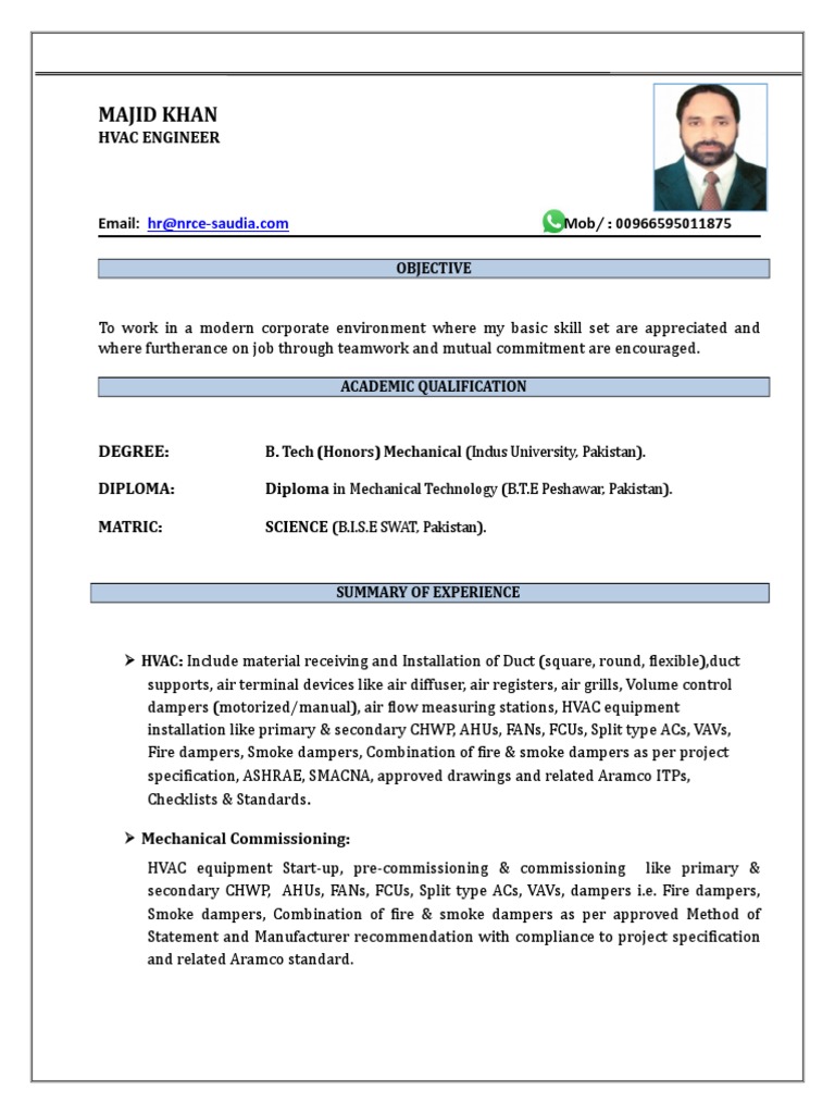 Majid Khan's Resume: An Experienced HVAC Professional Seeking New ...