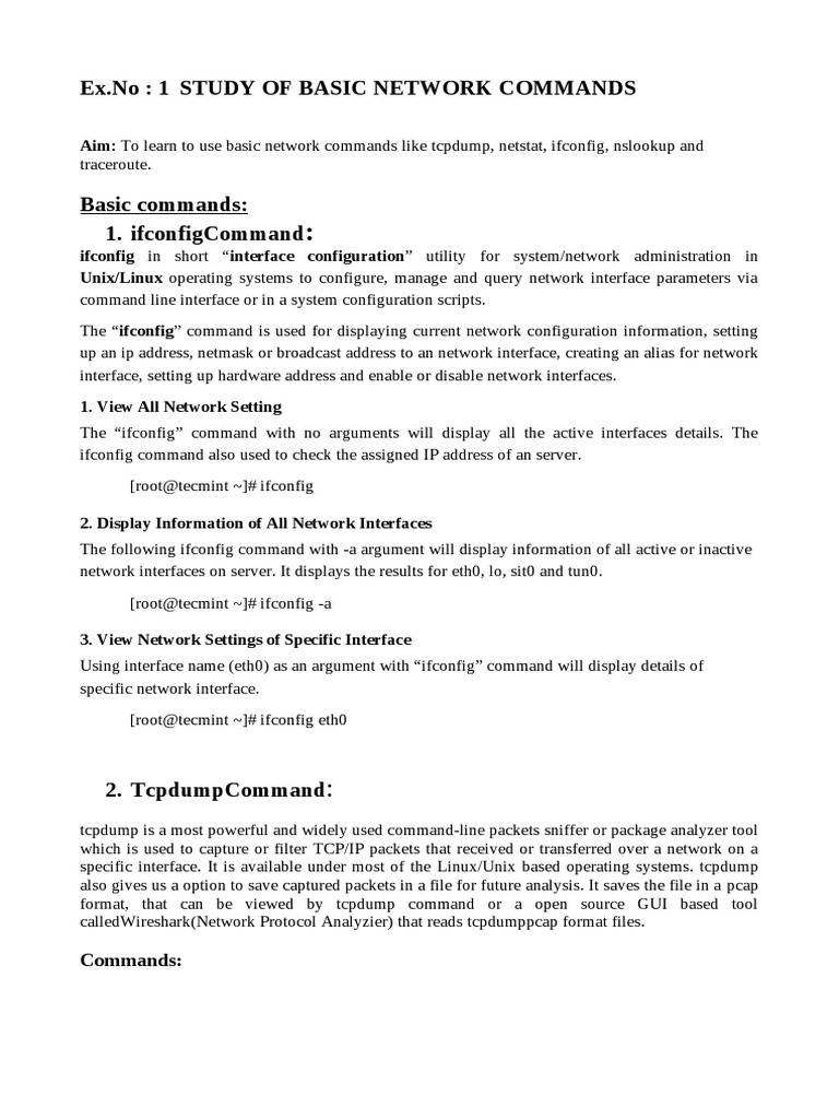 Ex - No: 1 Study of Basic Network Commands | PDF | Port (Computer ...