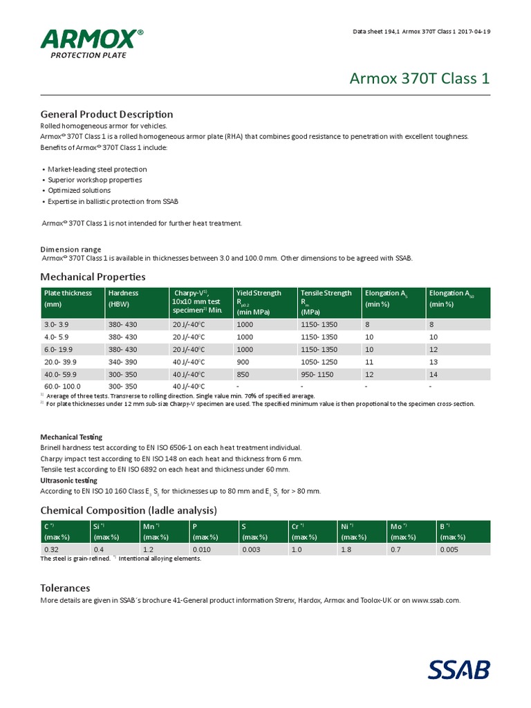 Armox 370T Class 1: General Product Description | PDF | Chemical ...