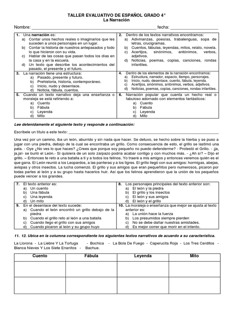 Taller Evaluativo de Español Grado 4 | PDF | Narrativa