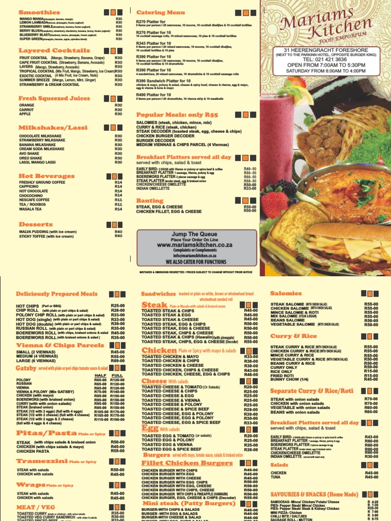 Mariams Kitchen: Catering Menu Smoothies | Hamburgers | Curry