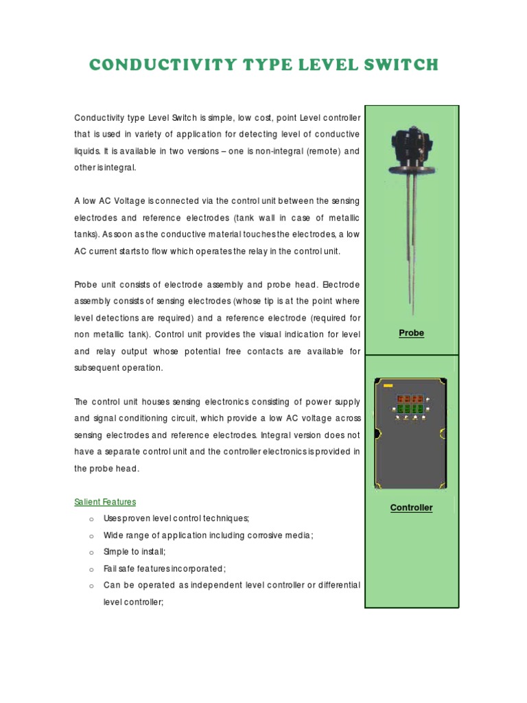 Conductivity Type Level Switch: Salient Features | PDF | Switch | Relay