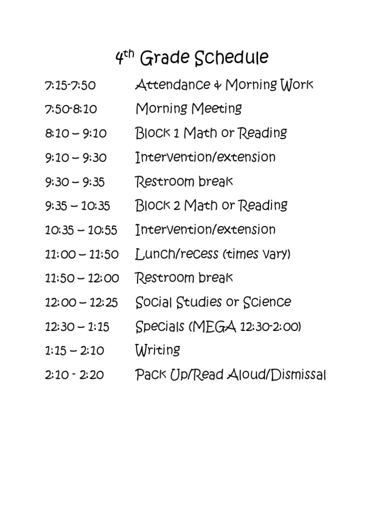 4th Grade Daily Schedule Overview | PDF | Language Arts & Discipline