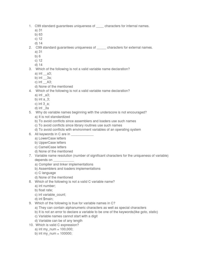 Variable Name Question Pdf C Programming Language Variable 7147