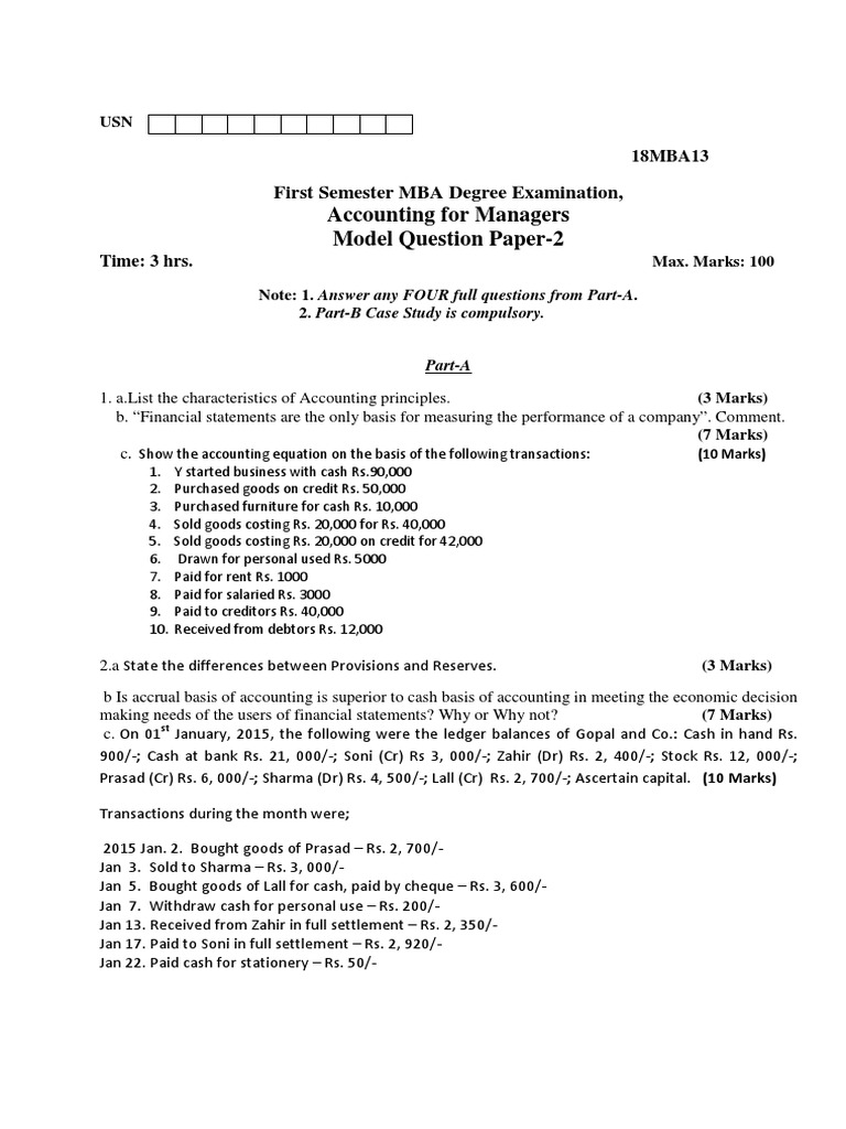 Accounting For Managers Model Question Paper-2: First Semester MBA ...