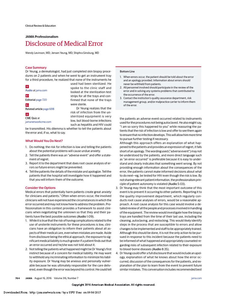 Disclosure of Medical Error: JAMA Professionalism | PDF | Medical Error ...