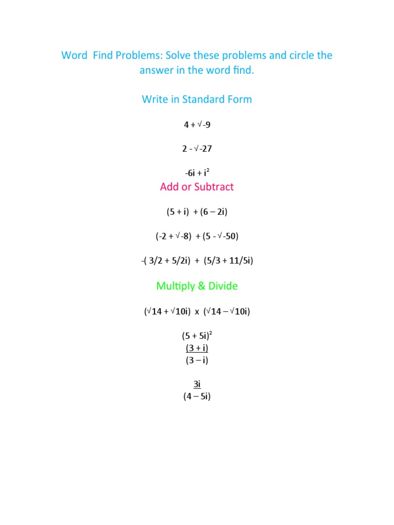 Word Find Problems: Solve These Problems and Circle The Answer in The ...