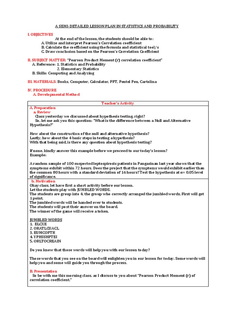 A Semi-Detailed Lesson Plan in Statistics and Probabilit1 | PDF ...