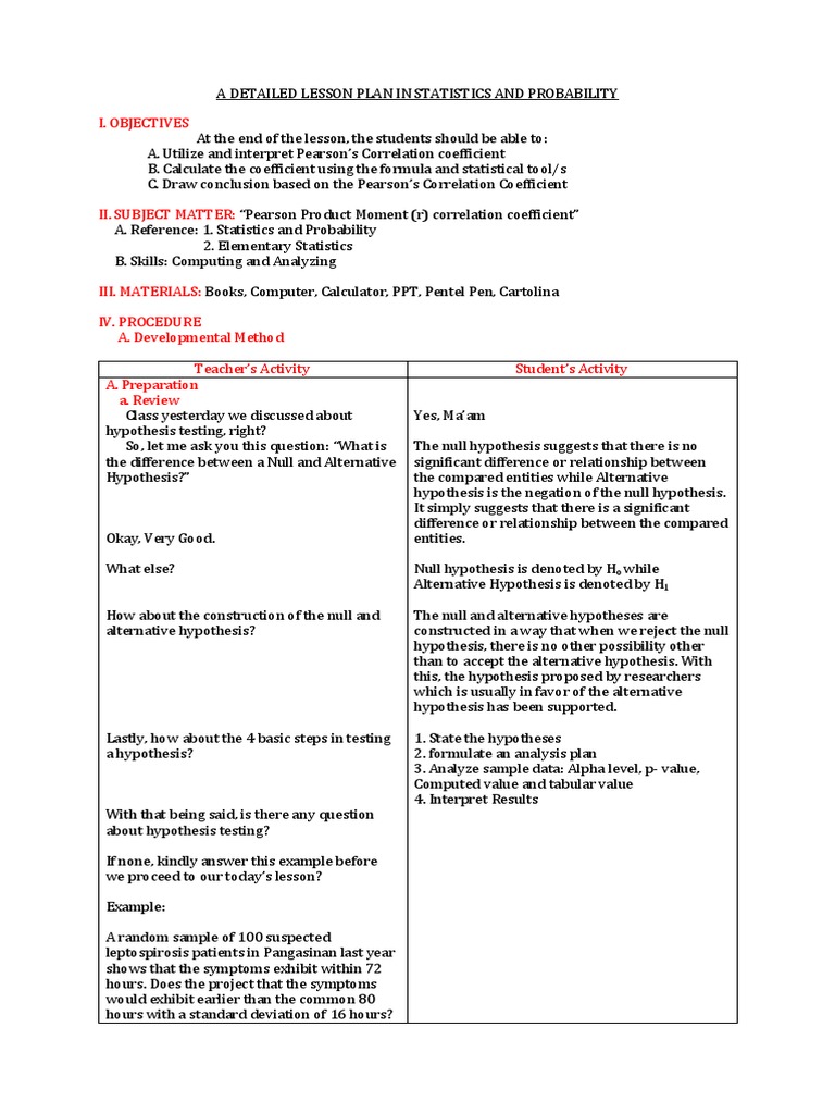 A Detailed Lesson Plan in Statistics and Probabilit1 | PDF | Null ...