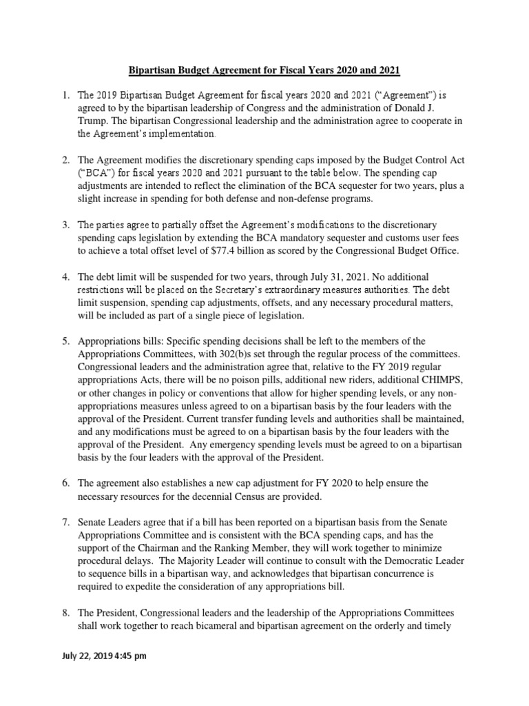 Bipartisan Budget Agreement July 22 2019 Appropriations Bill United