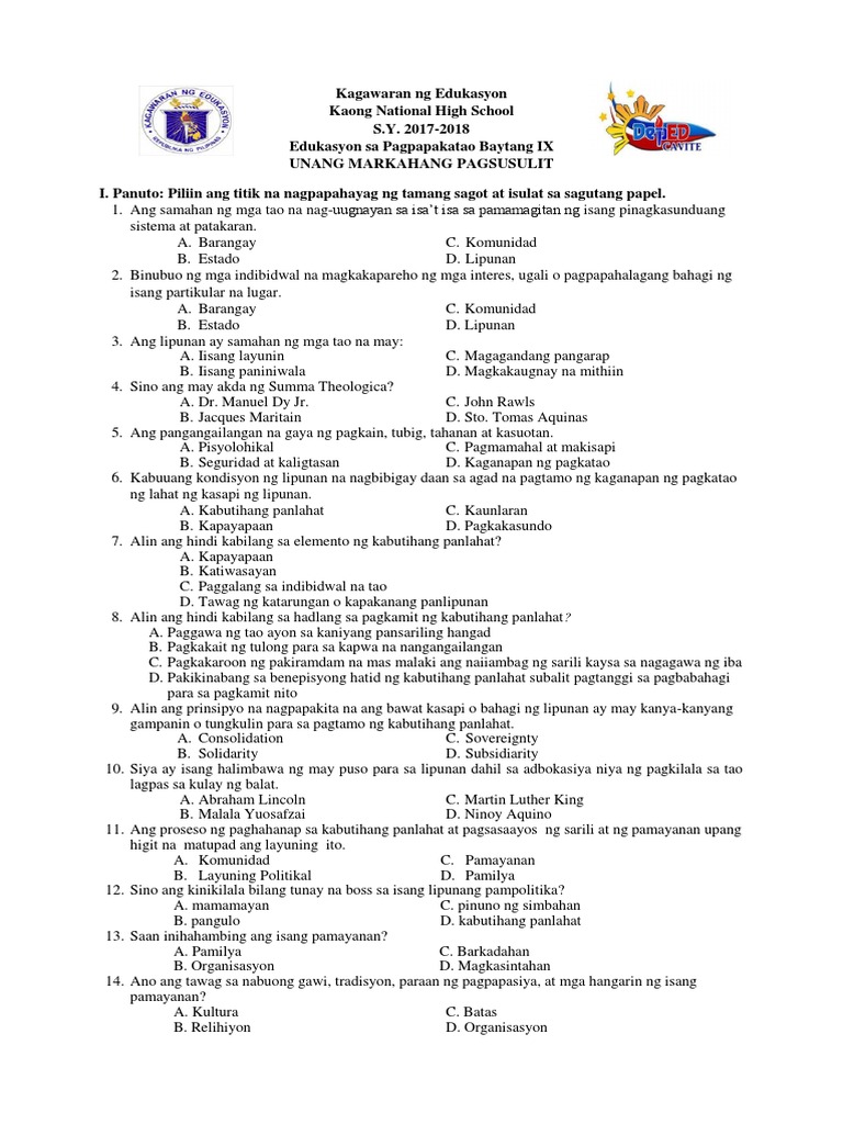 Esp 9 First Periodical Test | PDF