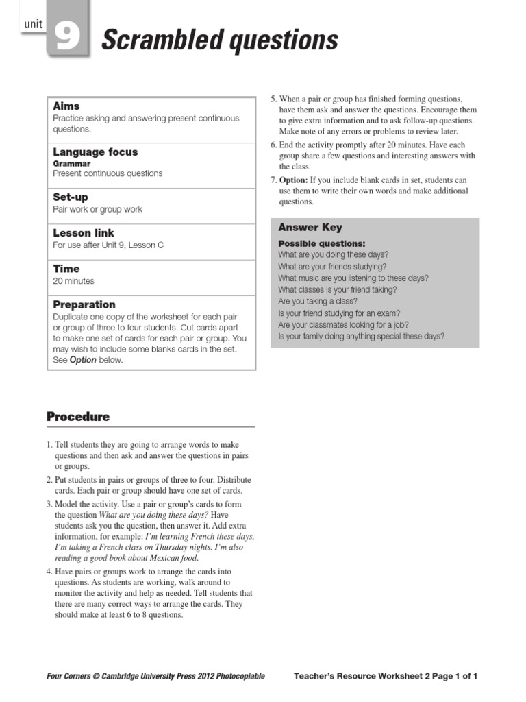 Four Corners Level1 Unit9 Scrambled Questions Teachers Resource ...