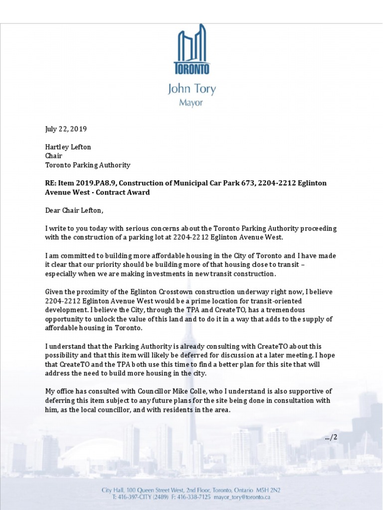 Letter From Mayor Tory To TPA Chair Lefton - 2019-07-22 | PDF