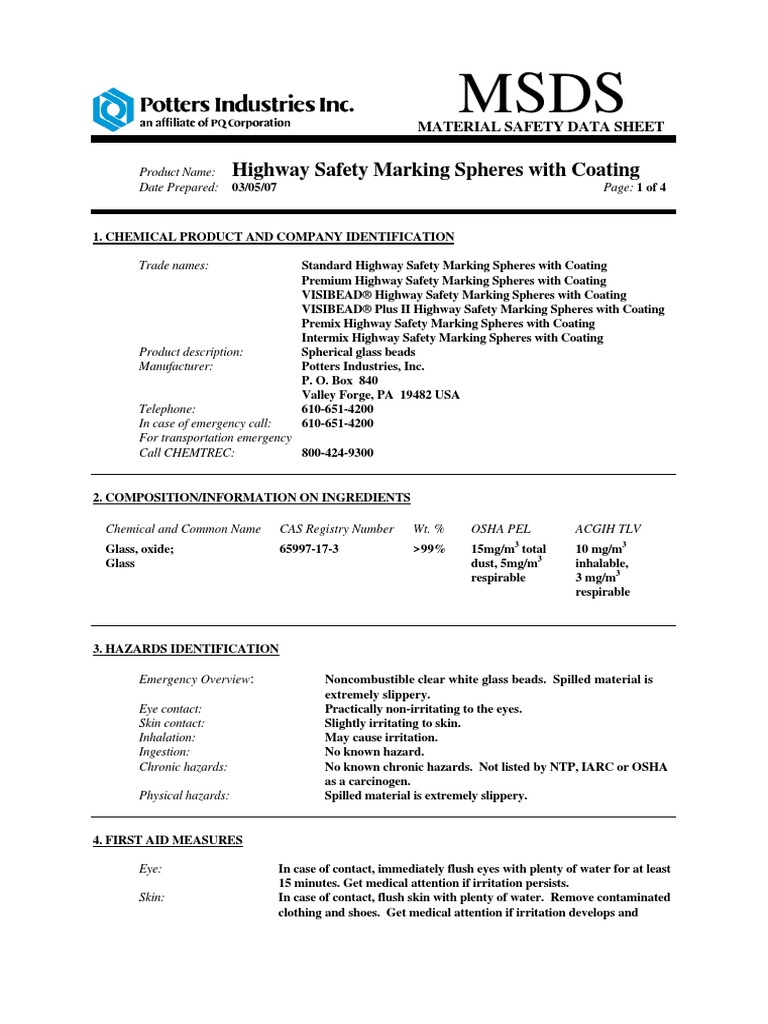MSDS - Highway Safety Spheres With Coating | PDF | Toxicity | Personal ...